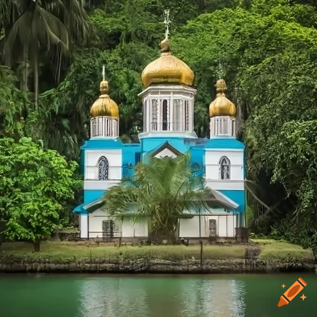 Orthodox church in tropical island jungle on Craiyon