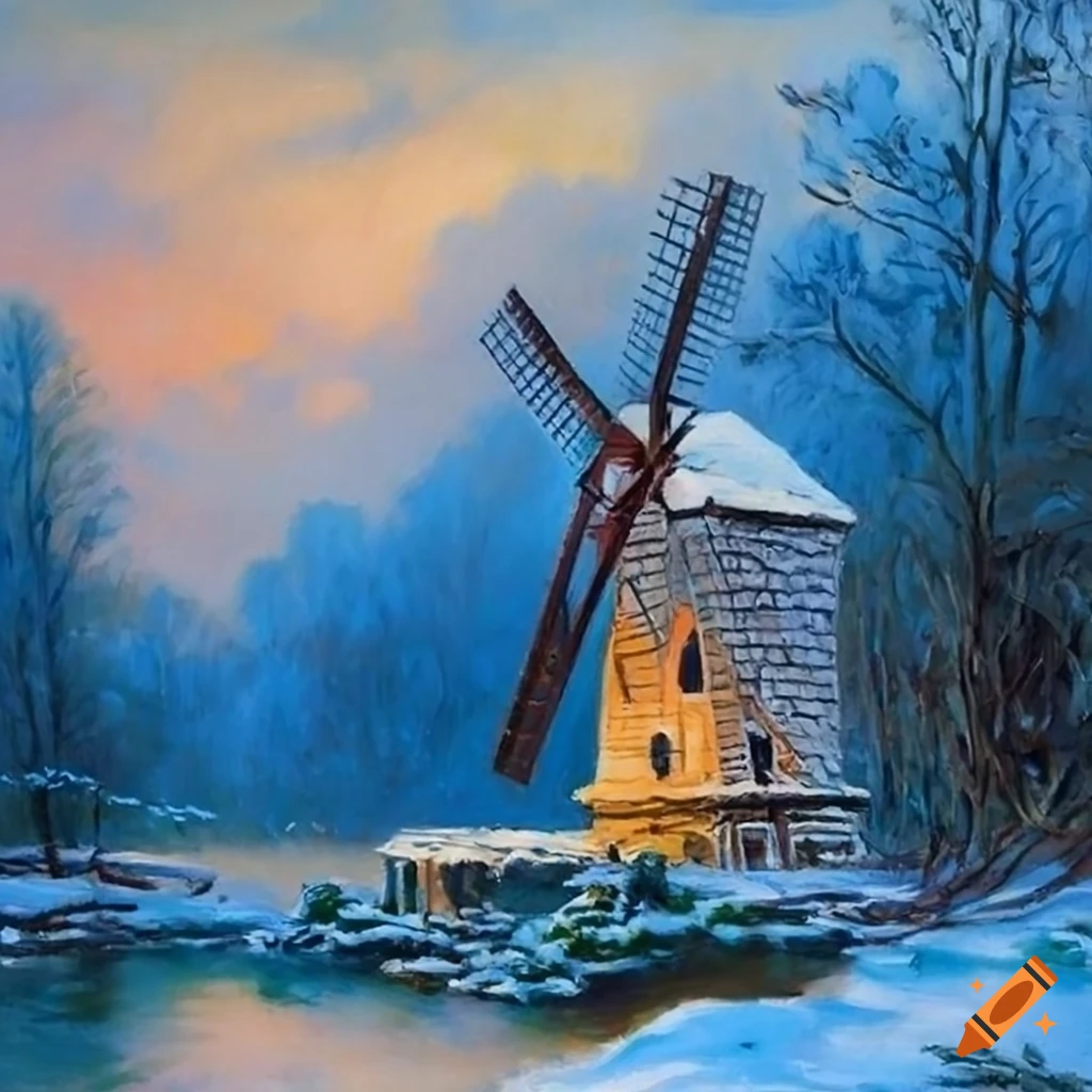 Stone windmill edge of forest winter oil on canvas renaissance style,monet