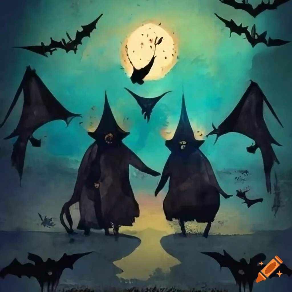 A group of witches, black cats, and bats dancing in a mysterious ...