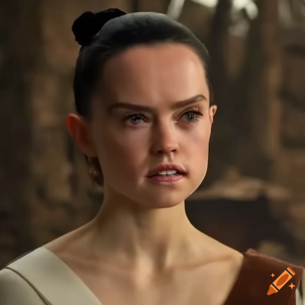 Daisy Ridley as Rey crying in a desolate Jakku village on Craiyon