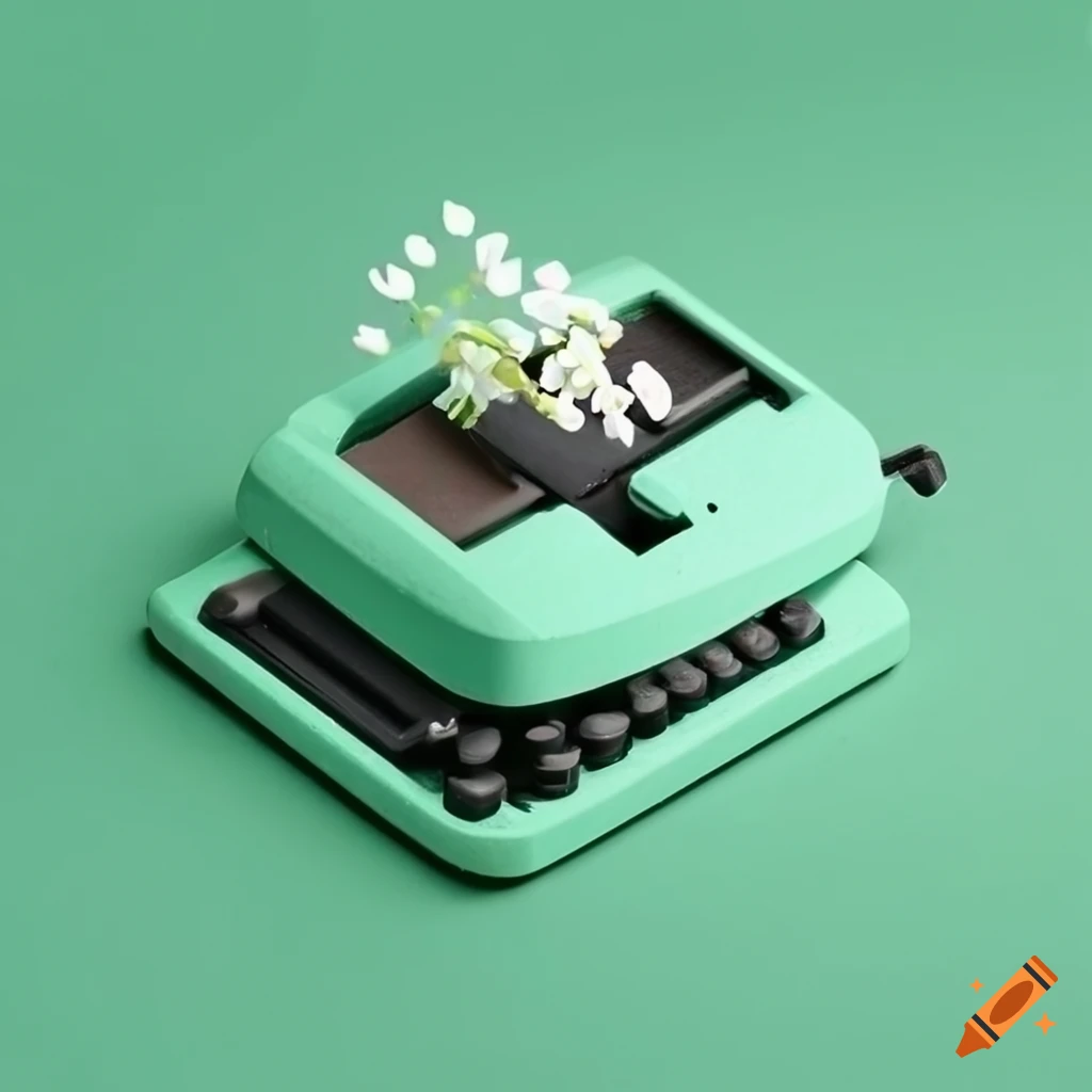 Tiny minimalist mint isometric typewriter printer with lily of the ...
