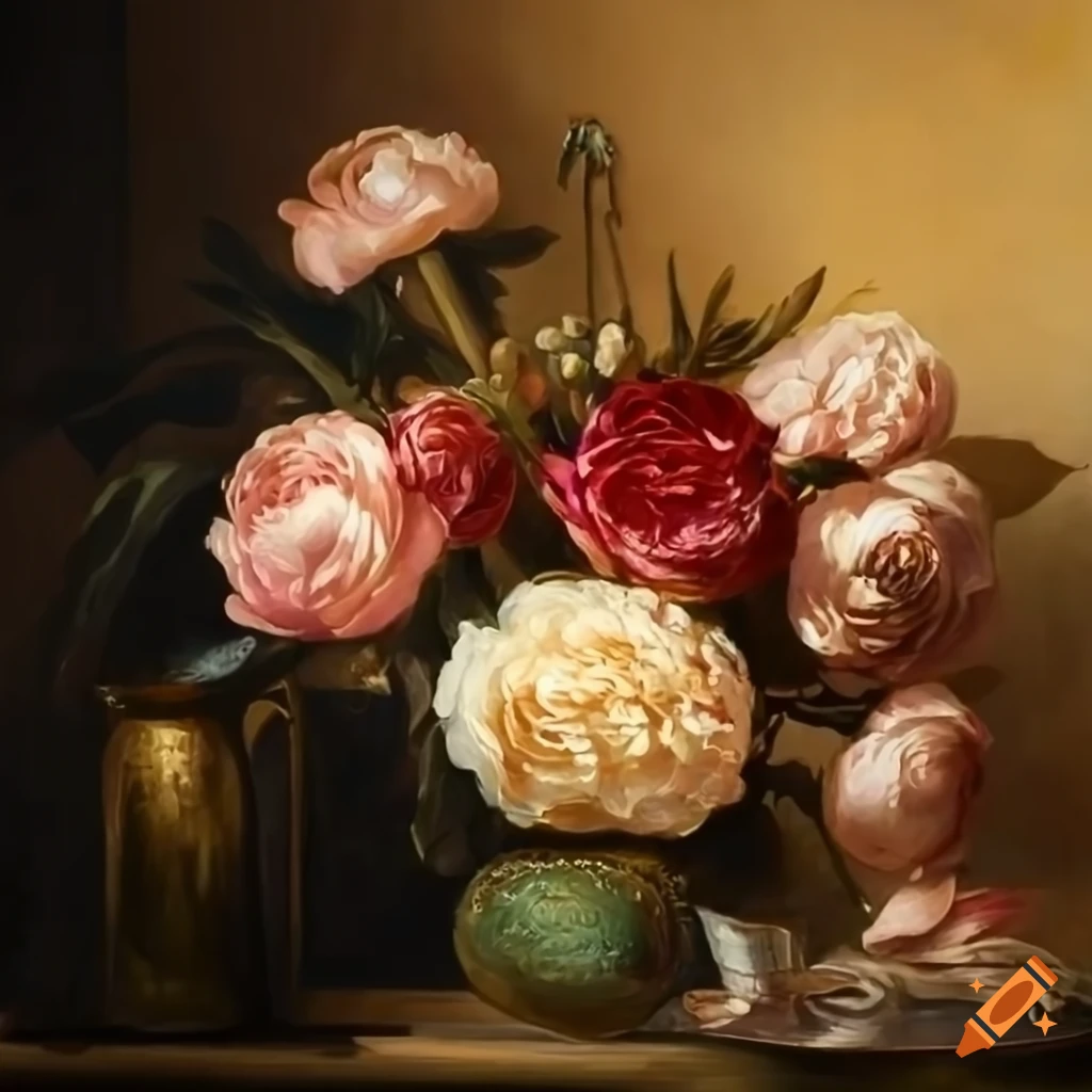 Renaissance still life large floral bouquet of pink peonies, ranunculus ...