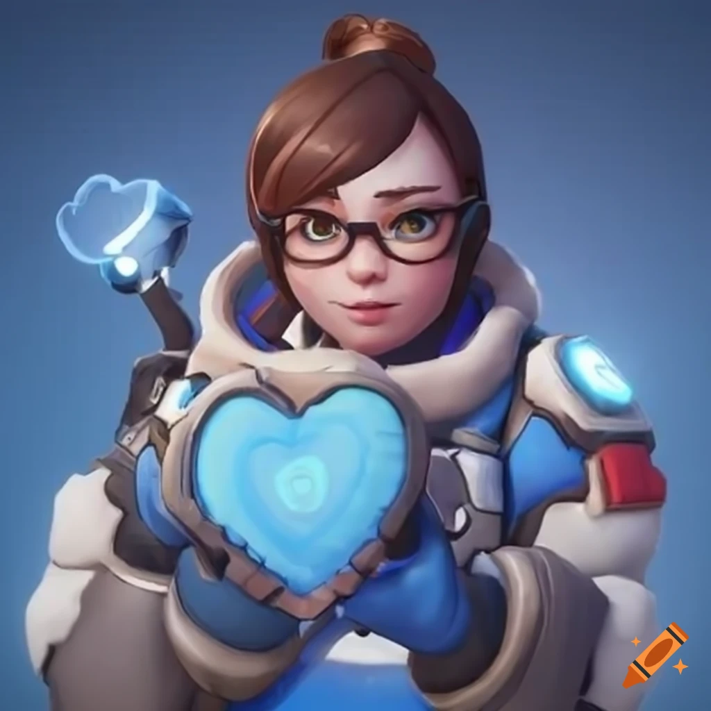 Mei, a character from overwatch, holding a heart-shaped ice block