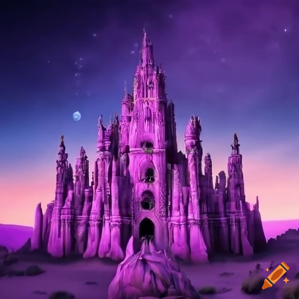 Ornate palace, rocky purple alien landscape