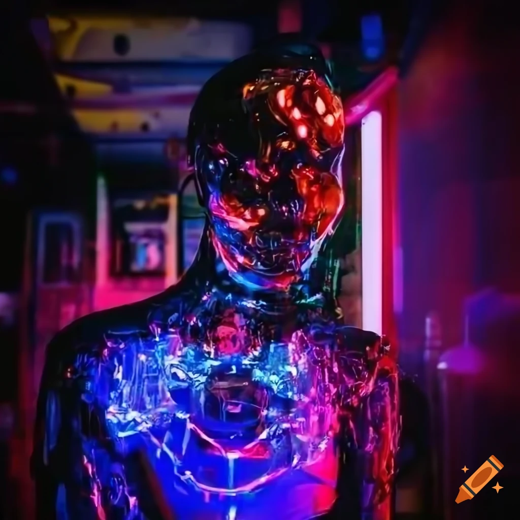 Artistic photograph of a futuristic cyborg at a neon-lit bar on Craiyon