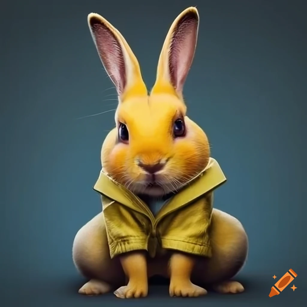 A rabbit wearing a yellow leather jacket and looking thoughtful