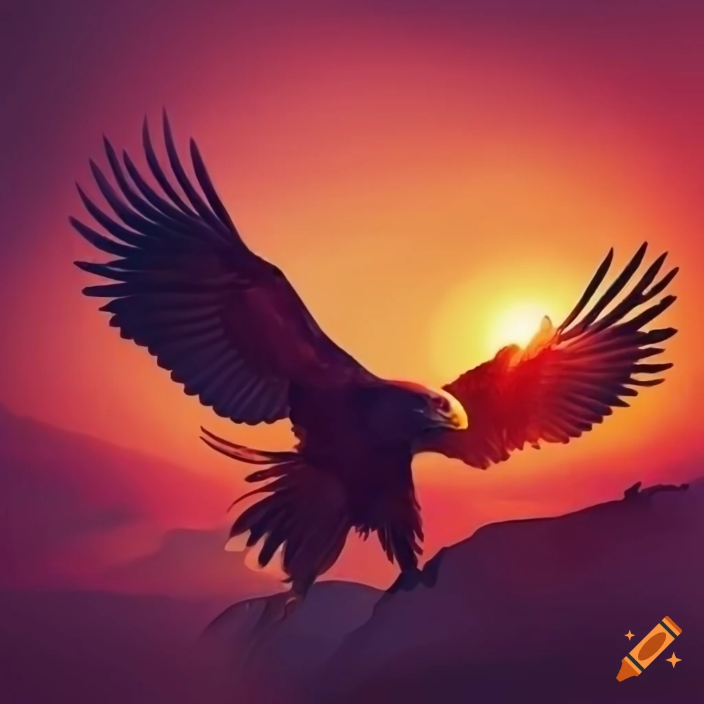 Eagle with golden wings, deep red sunset, castles on the horizon on Craiyon