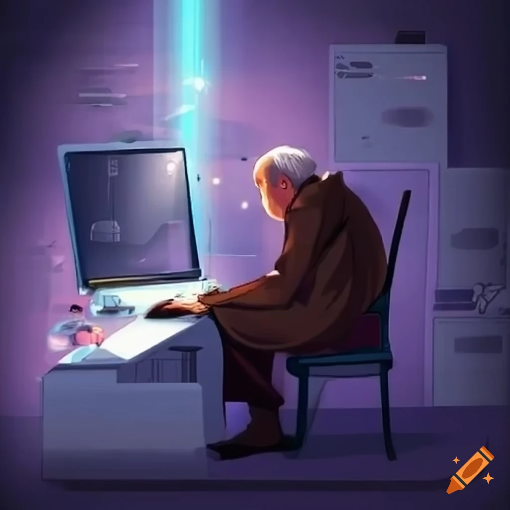 A lonely older man watching anime in his computer