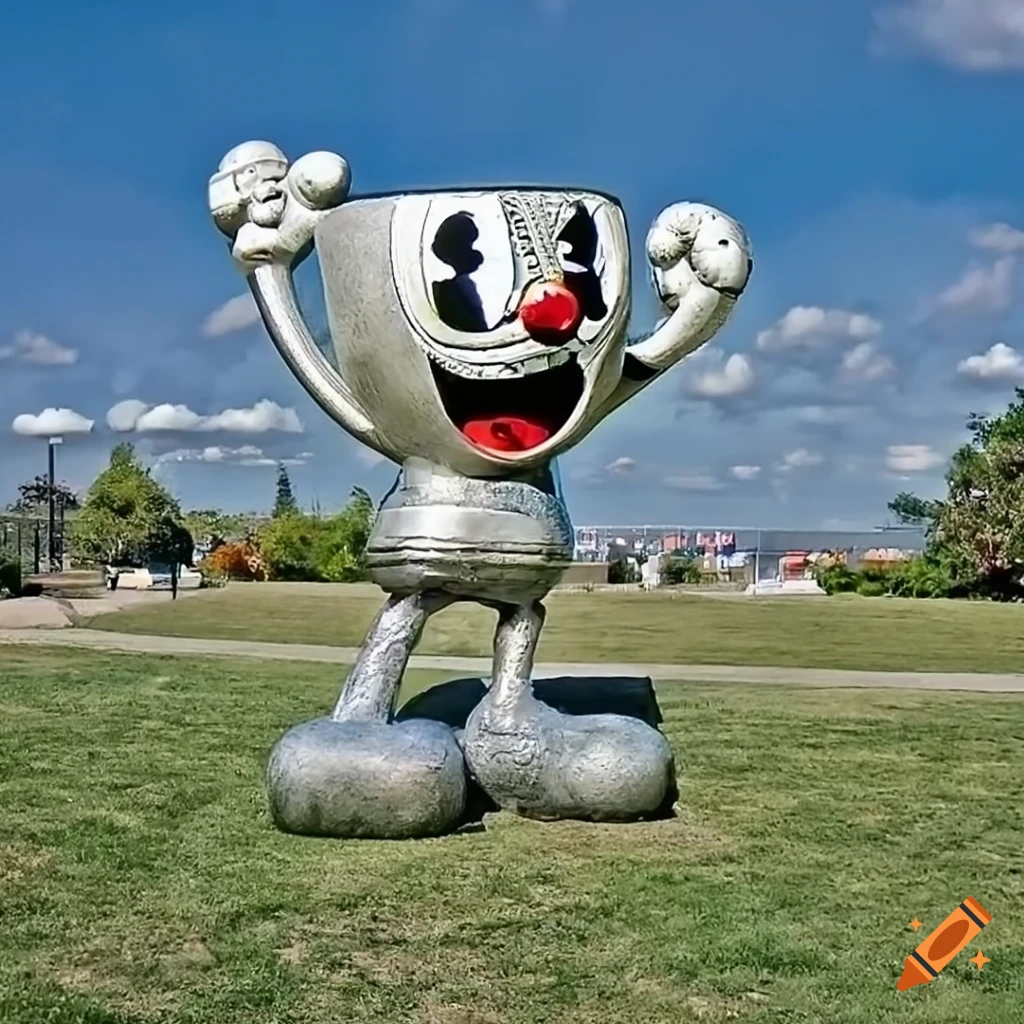 Real life, very vibrant, a silver cuphead statue, in the middle of a ...