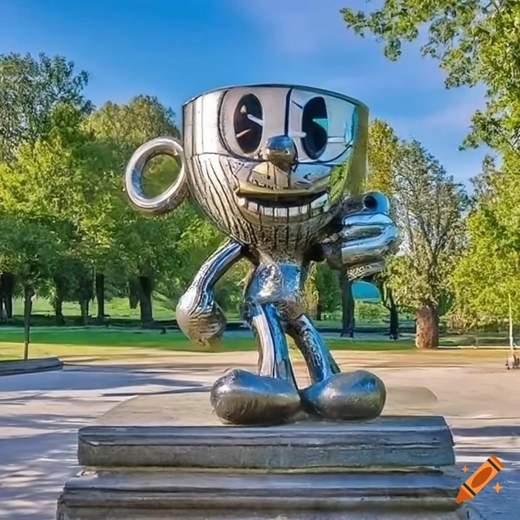 Real life, very vibrant, a silver Cuphead statue, in the middle of a ...