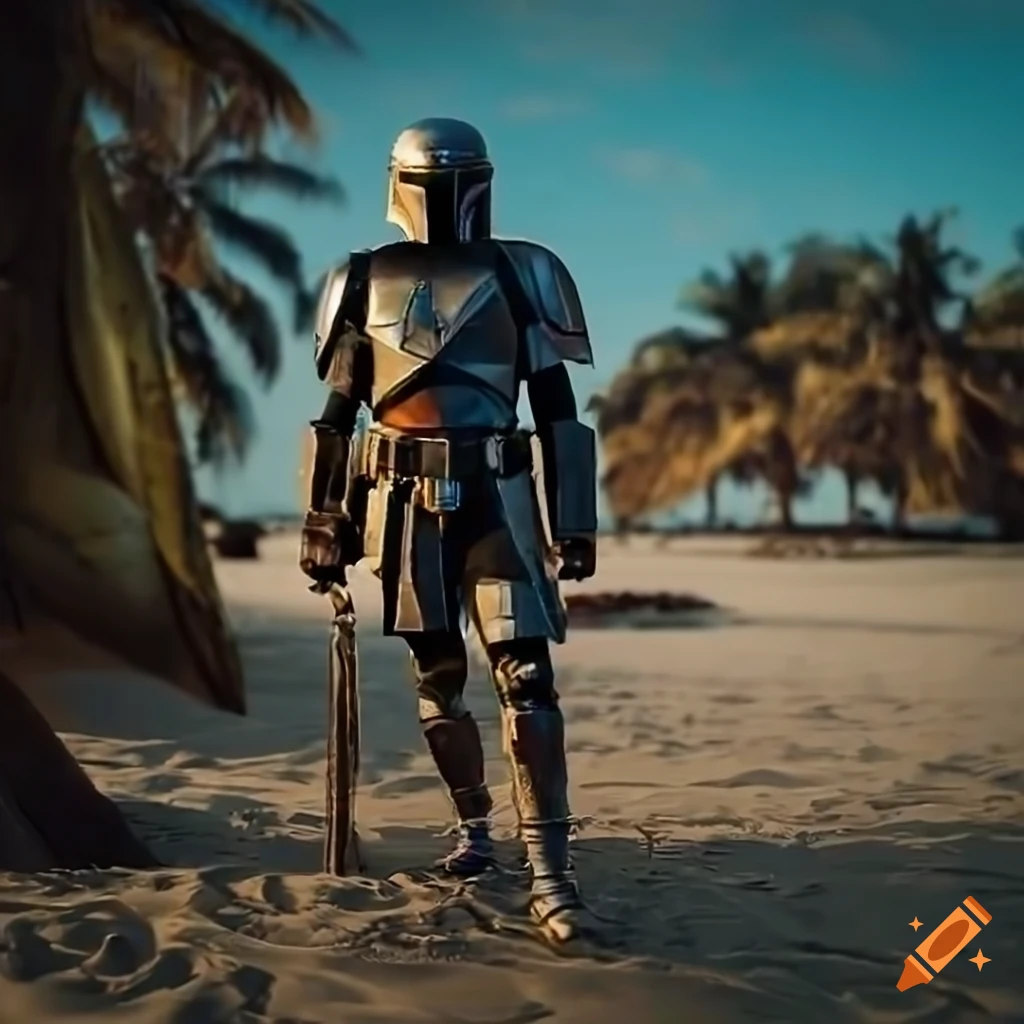 Mandalorian on a beach with palm trees high definition photorealistic
