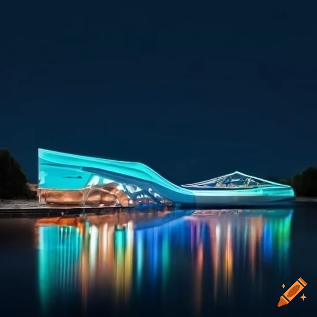 Riverside futuristic scandinavian cafe made of colored glass ...