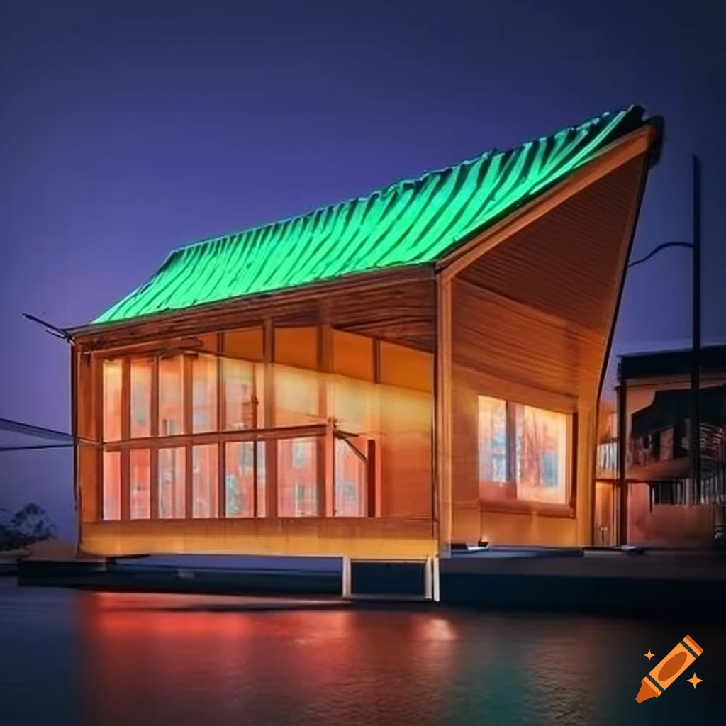 Exterior view of a Riverside sleek Japanese cafe made of colored glass ...