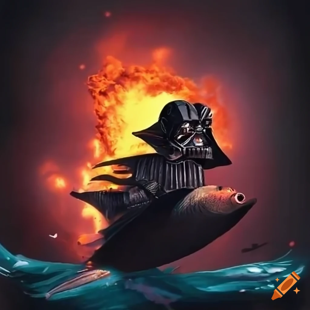 Darth Vader flying through an explosion, riding a tuna fish on Craiyon