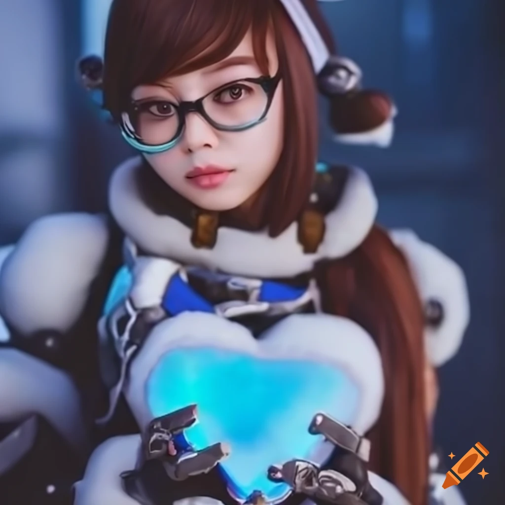 Mei, a character from overwatch, holding a heart-shaped ice block