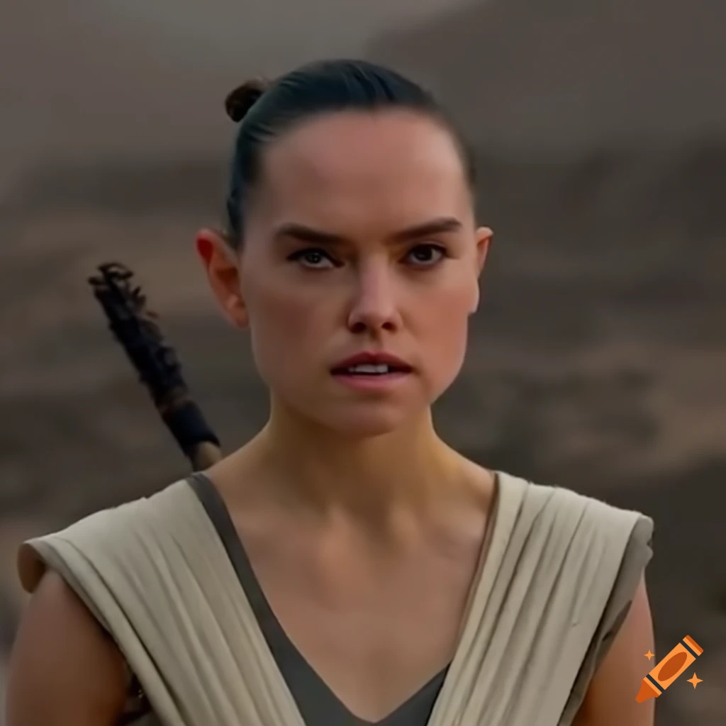 Daisy ridley as rey in a devastated desert village with smoke and ...