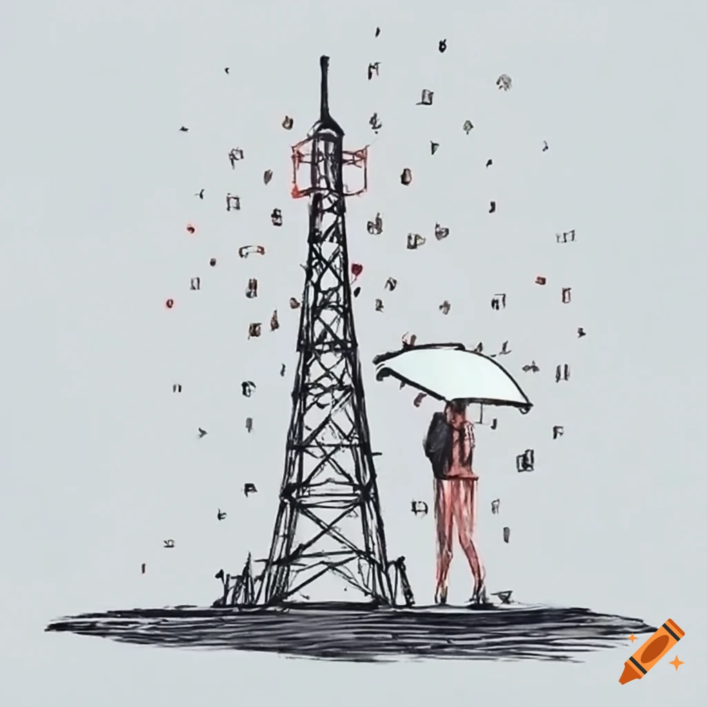 Radio tower and a couple under an umbrella on Craiyon