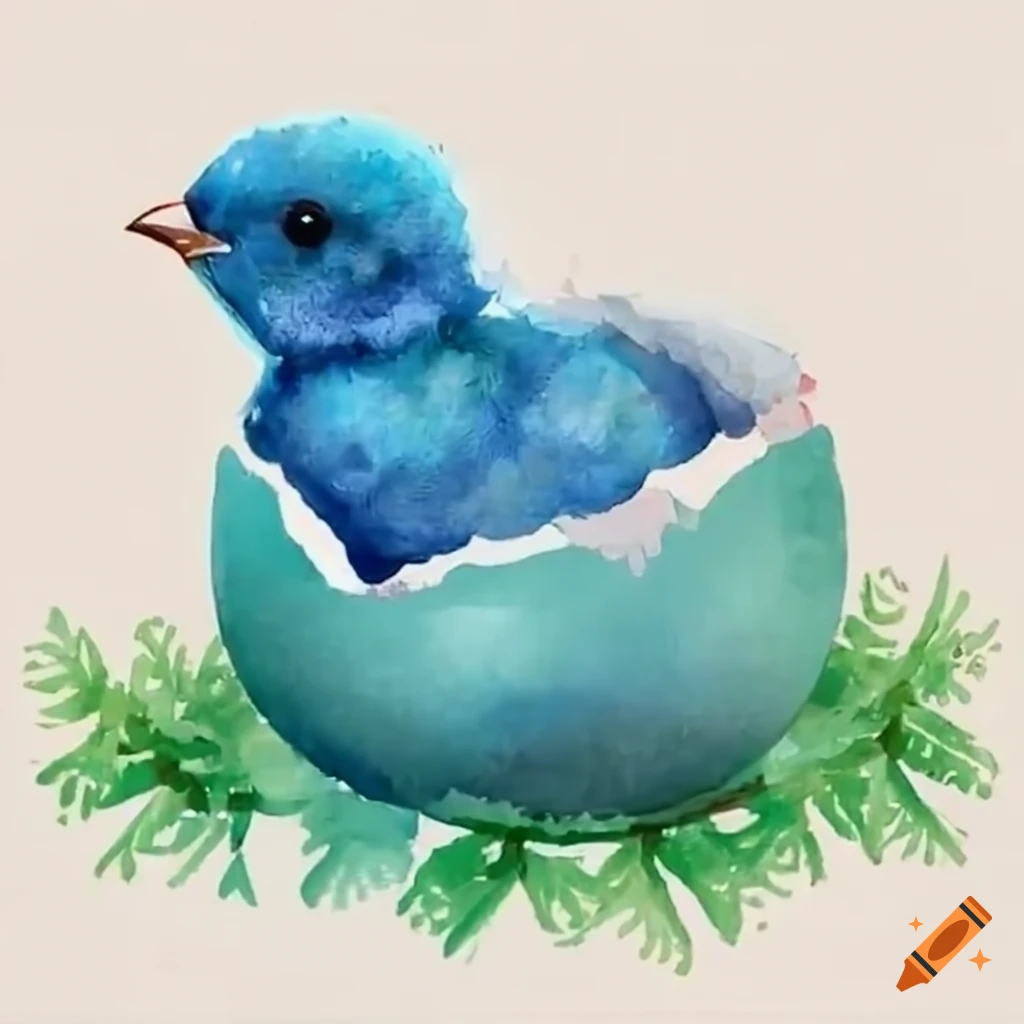 A blue baby bird hatching from its egg in the forest on Craiyon