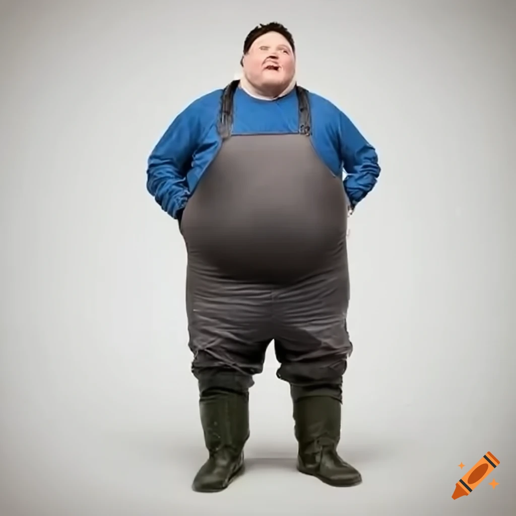 Fat obese man in dungarees standing in rubber boots