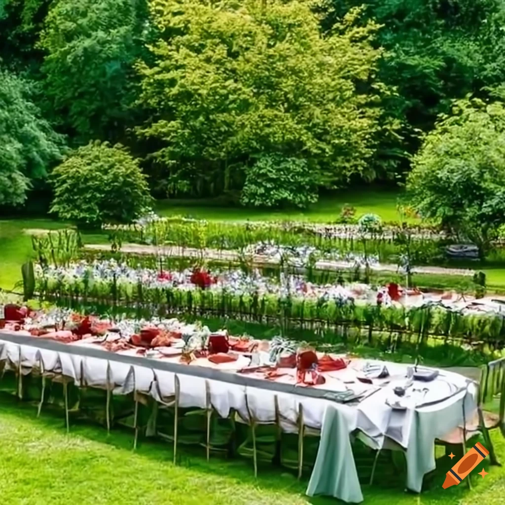 A beautiful garden with a long dinner table and stages for performances