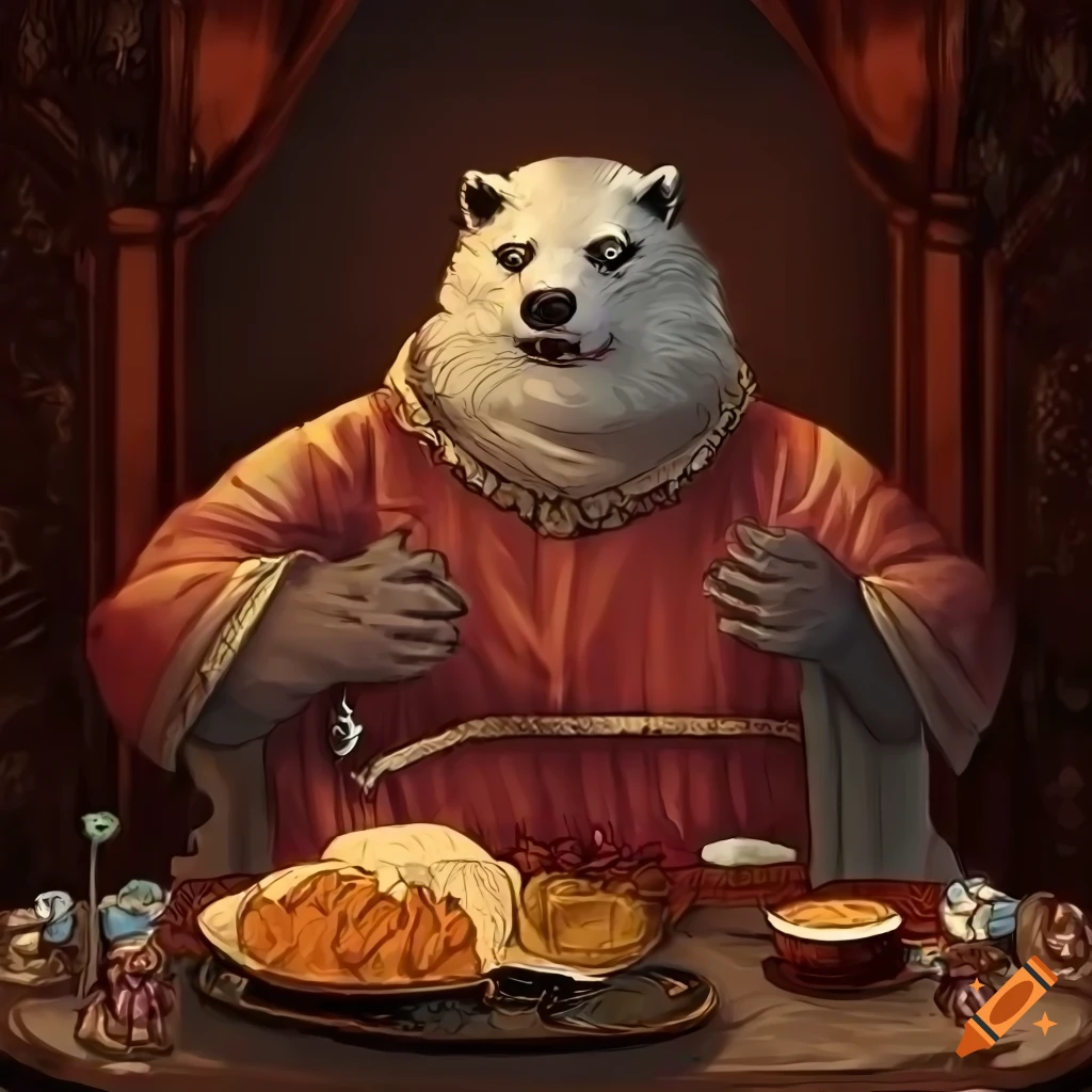 A morbidly obese gluttonous anthro badger wearing a royal robe and ...