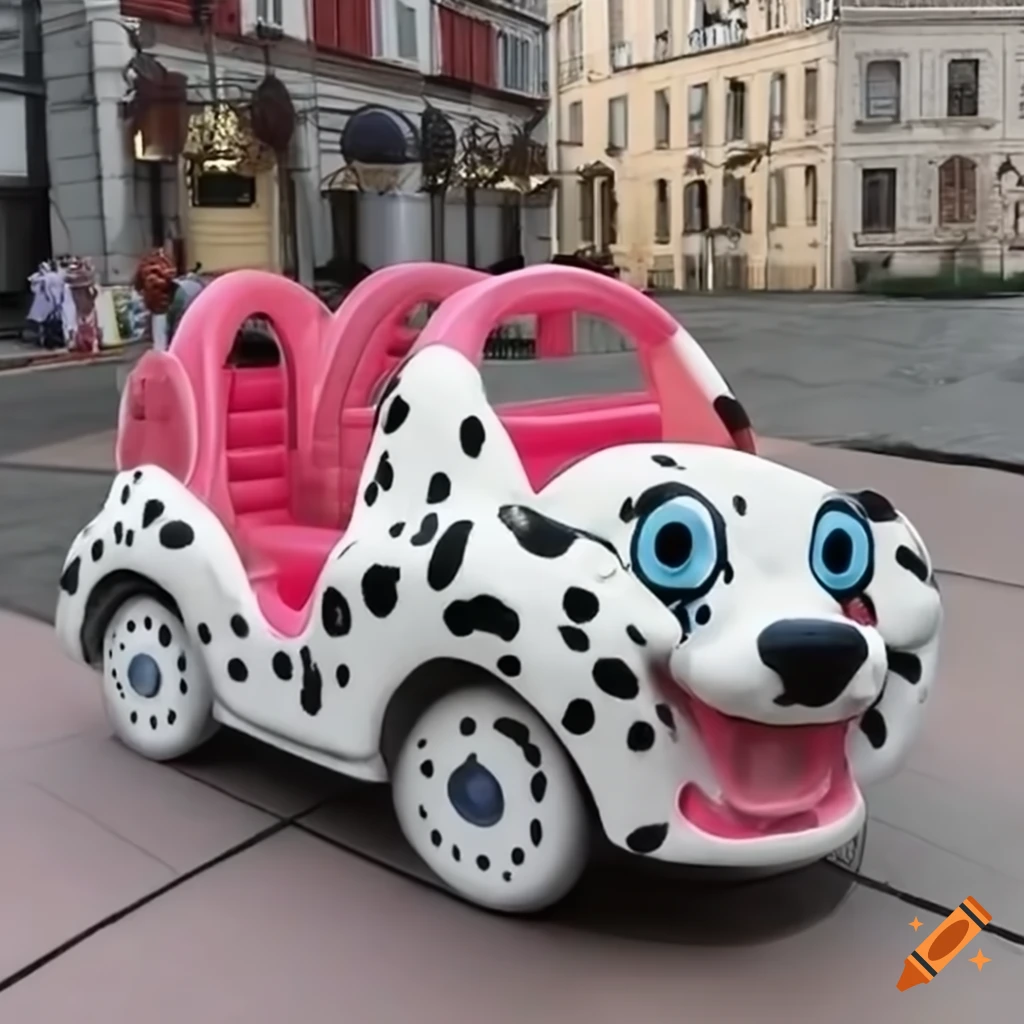 A cute theme park ride car shaped like a dalmatian