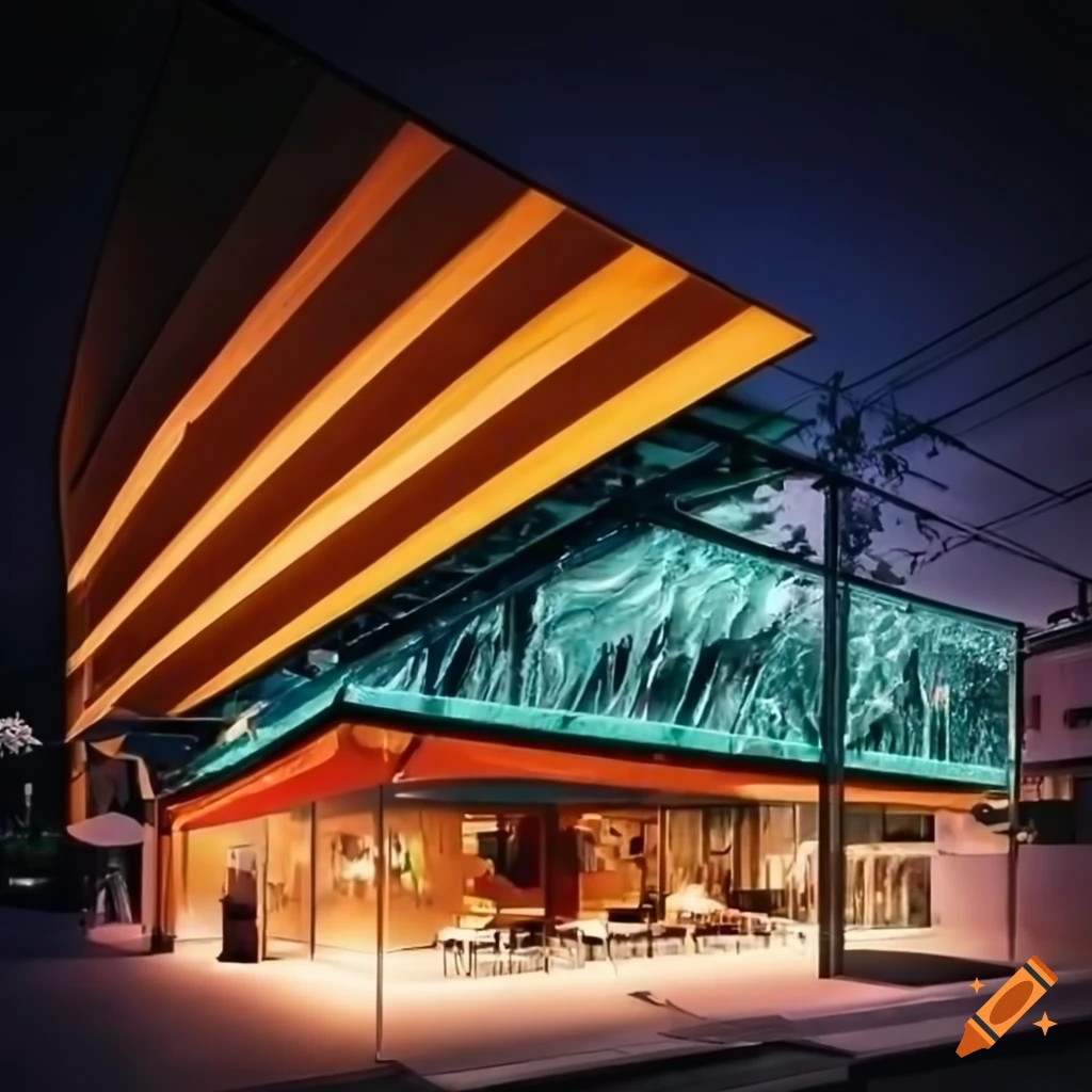 Riverside sleek japanese cafe made of colored glass, sculptural fabric ...