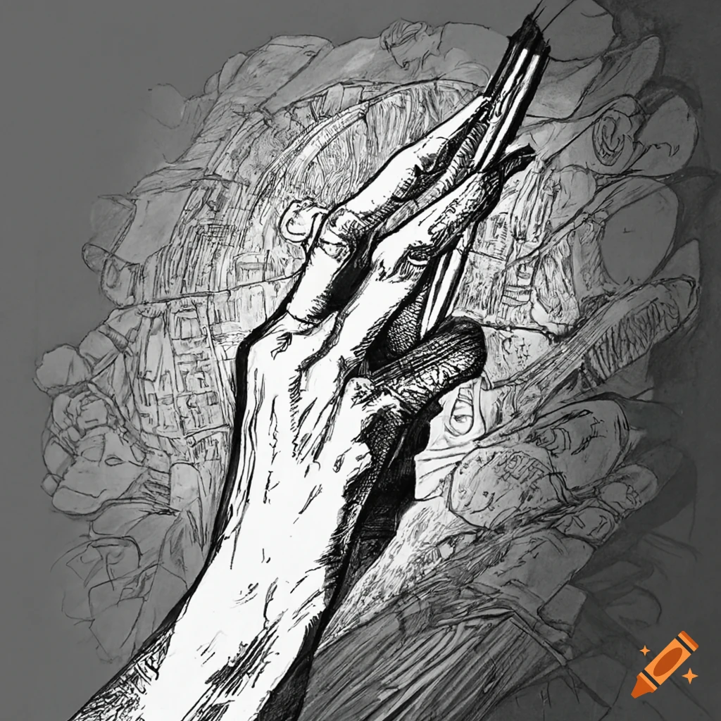 Hands drawing with a pencil, ink drawing at piranesi´s style on Craiyon