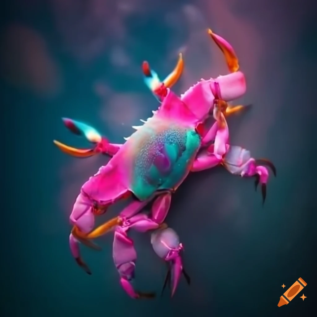 Dazzling, glowing pink and teal crabs in a vibrant underwater candyland
