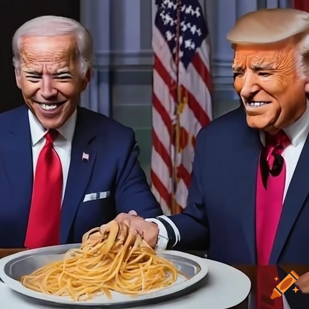 Donald trump eats spaghetti with joe biden