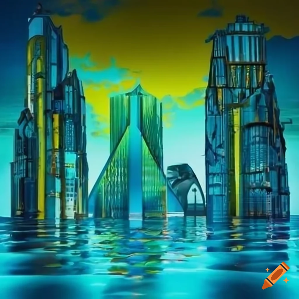Futurist giant city weird design complex structures yellow strange ...