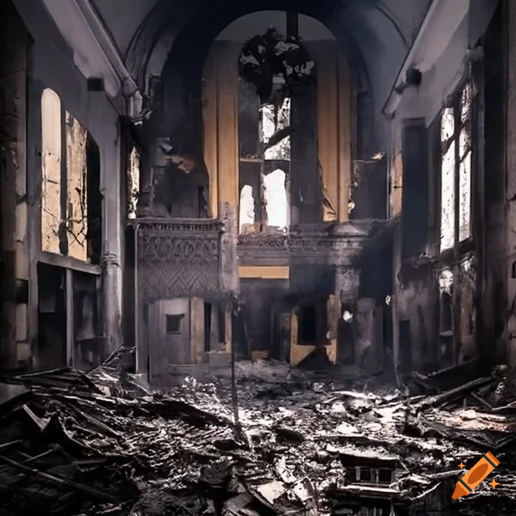 A photograph showing the aftermath of a burned or destroyed synagogue ...