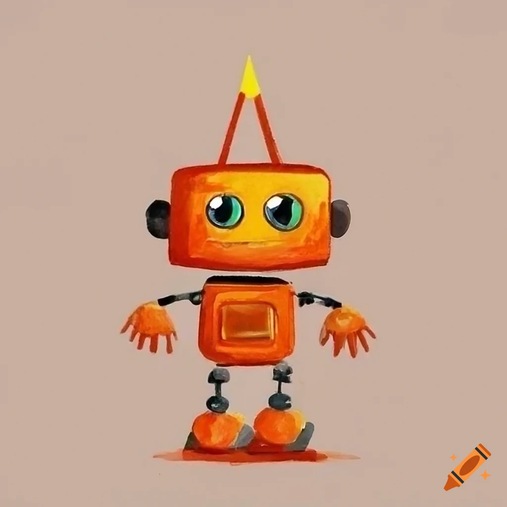 Robot antenna cute orange crayon drawing watercolor drawing paper ...