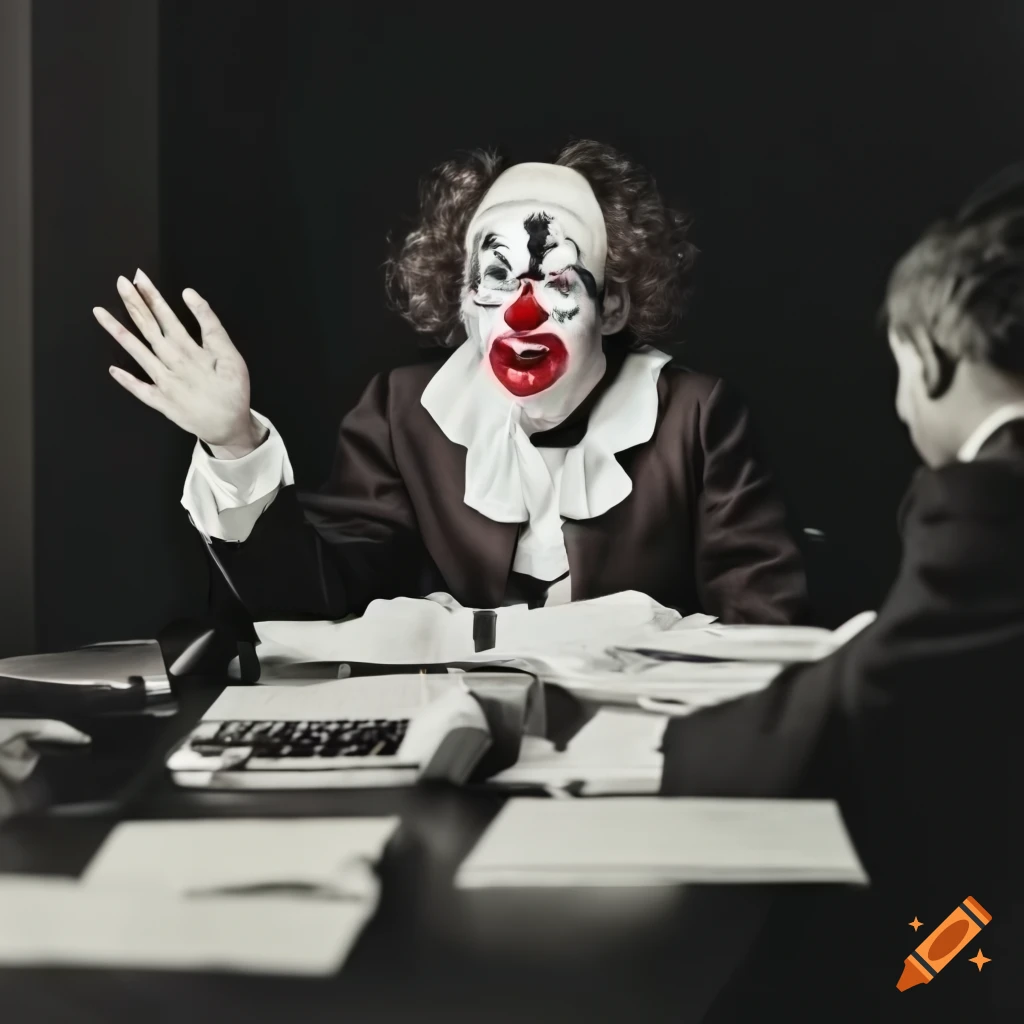 Clown sitting in a meeting room with businessmen