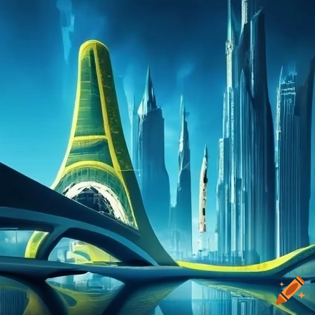 Futurist giant city weird design complex structures yellow strange ...