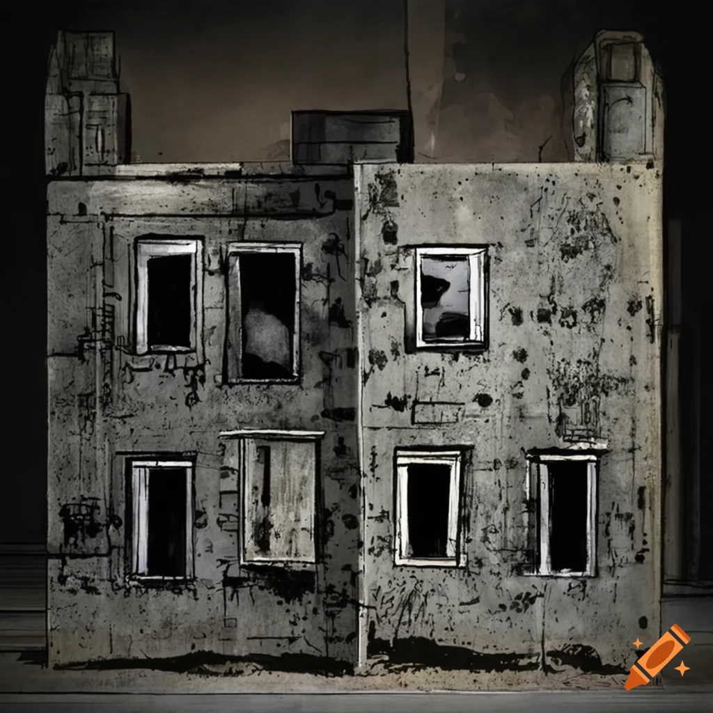 Comic style of a rundown and gritty concrete houses on Craiyon