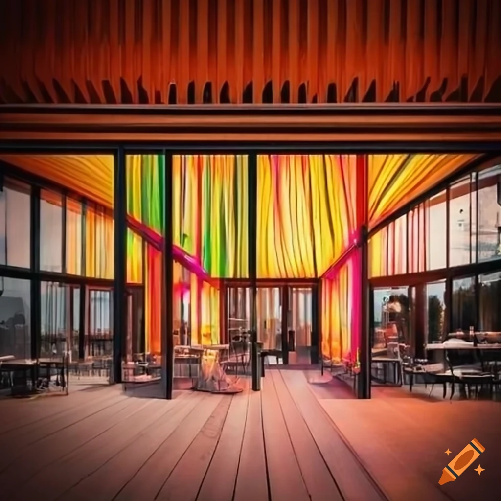 Exterior view of a Riverside Scandinavian cafe made of colored glass ...