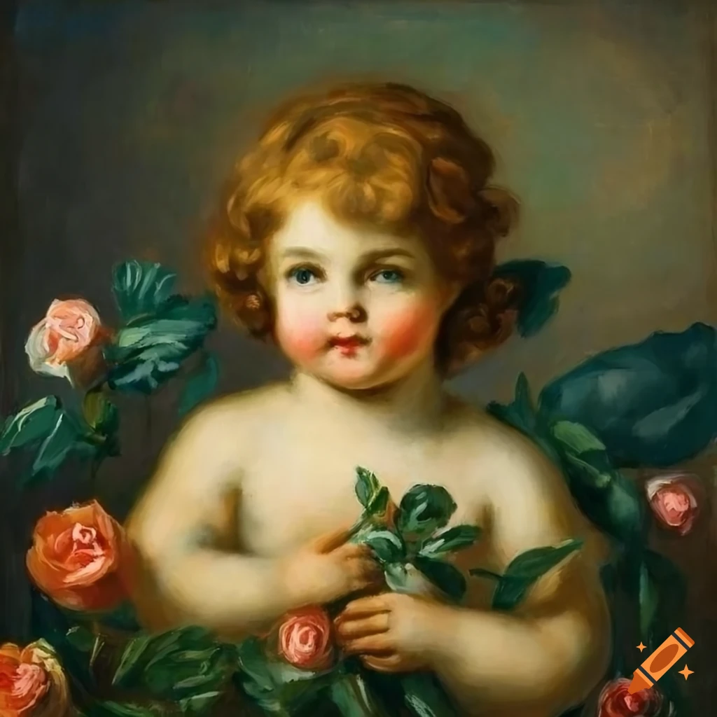 A cherub with wings, peaceful expression, surrounded by roses,Monet on ...