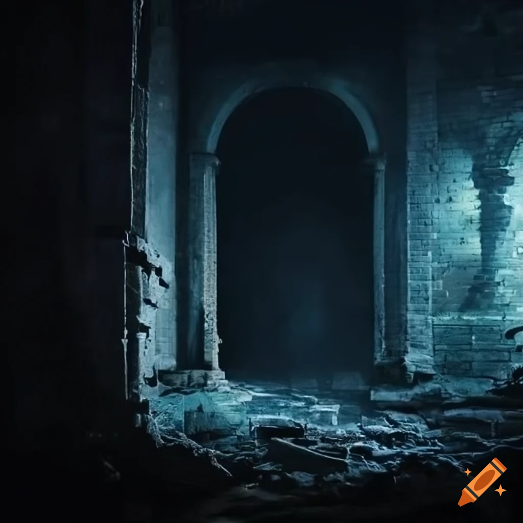 Inside ruins at night on Craiyon