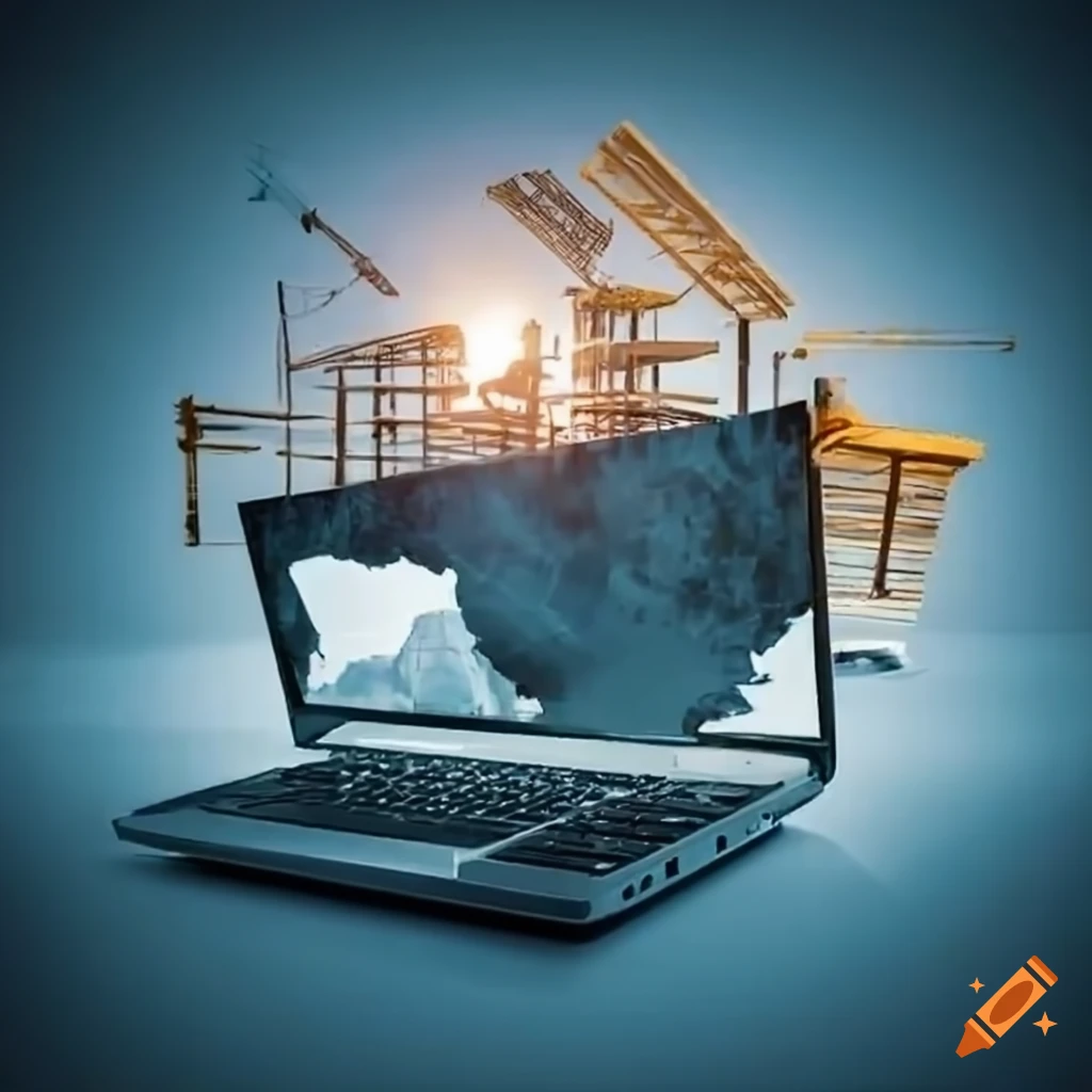Construction site rising out of a laptop