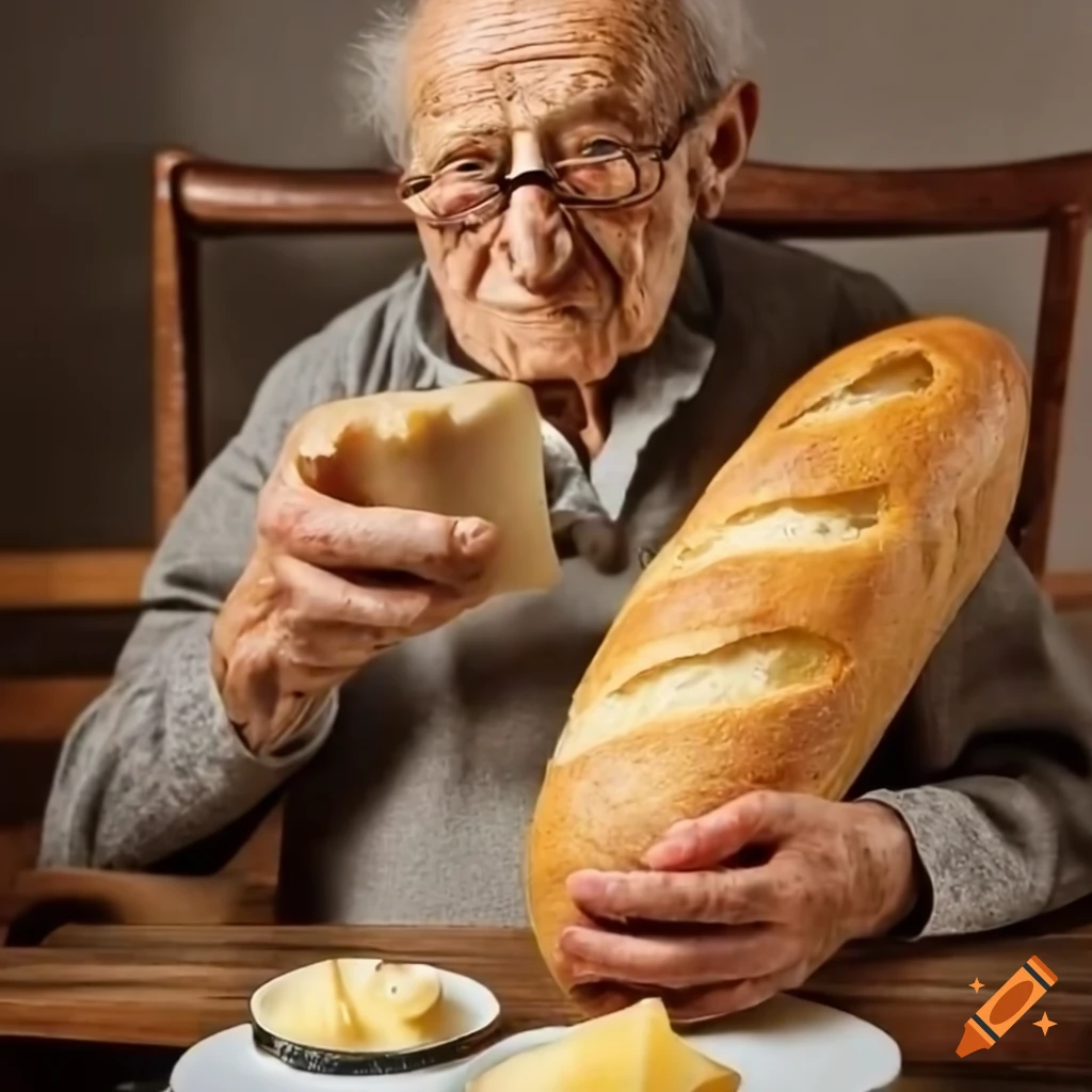 An old French guy called Bertrand carring a "baguette". He is sitting ...