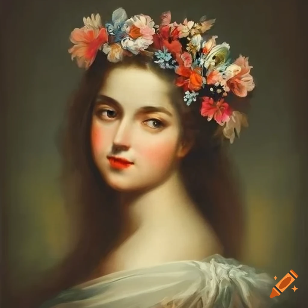 A girl with a floral crown in a beautiful vintage painting on Craiyon
