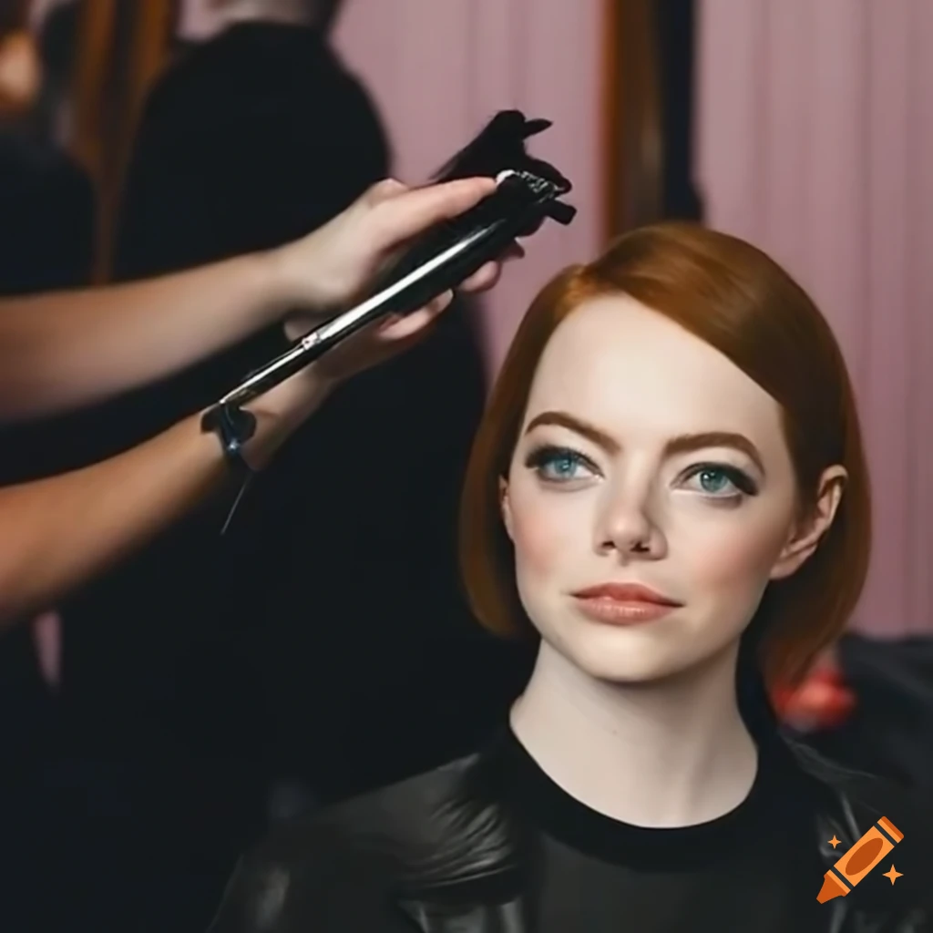 Emma Stone getting her long, straight hair cut short by a stylist while ...
