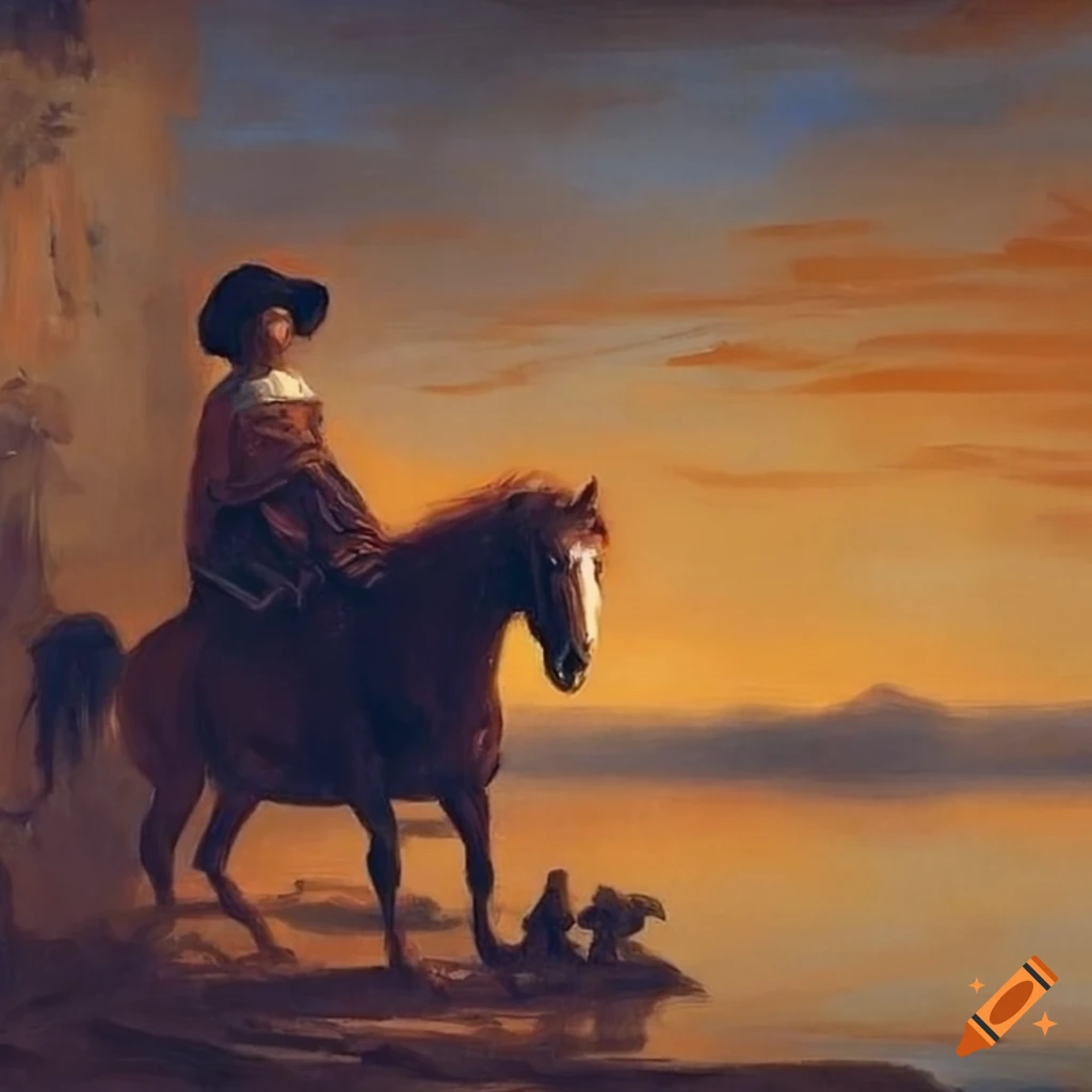 Cavallo in controluce beve nel lago al tramonto, rembrandt david