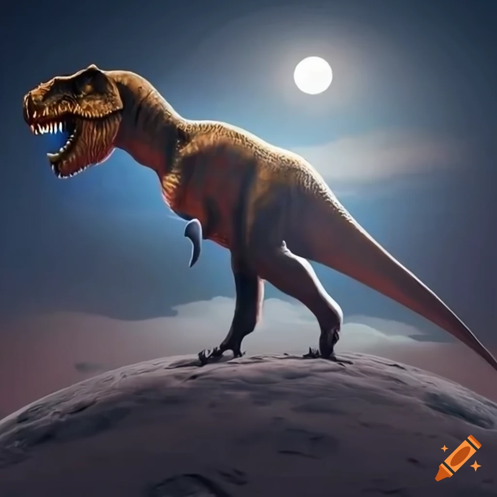 Tyrannosaurus rex is standing on the surface of the moon and the ...