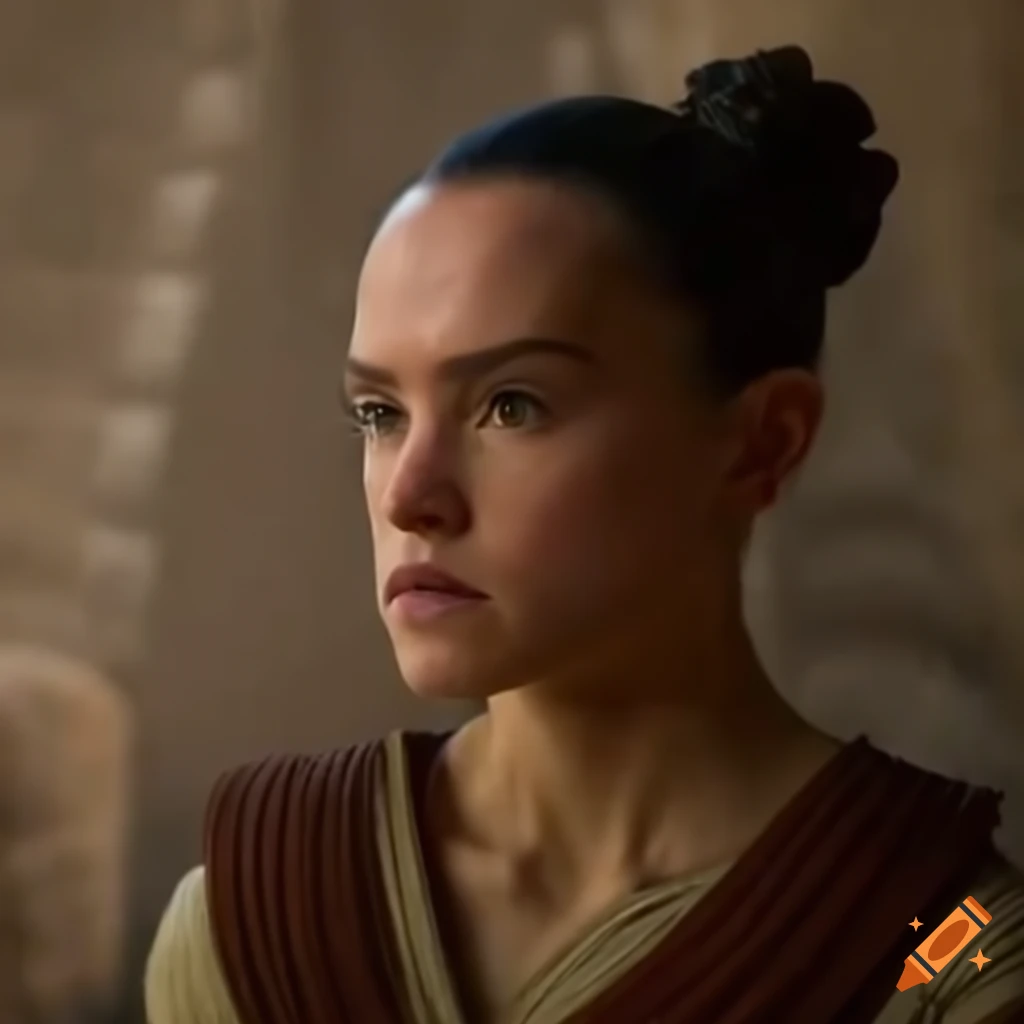 Daisy ridley as rey looking sad in a destroyed desert village on the ...