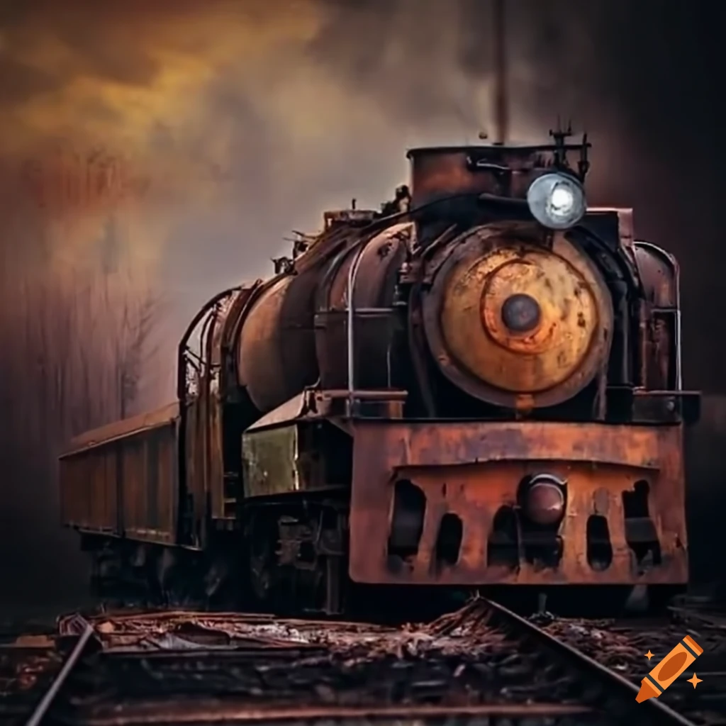 A crazy train on a rusty railway on Craiyon