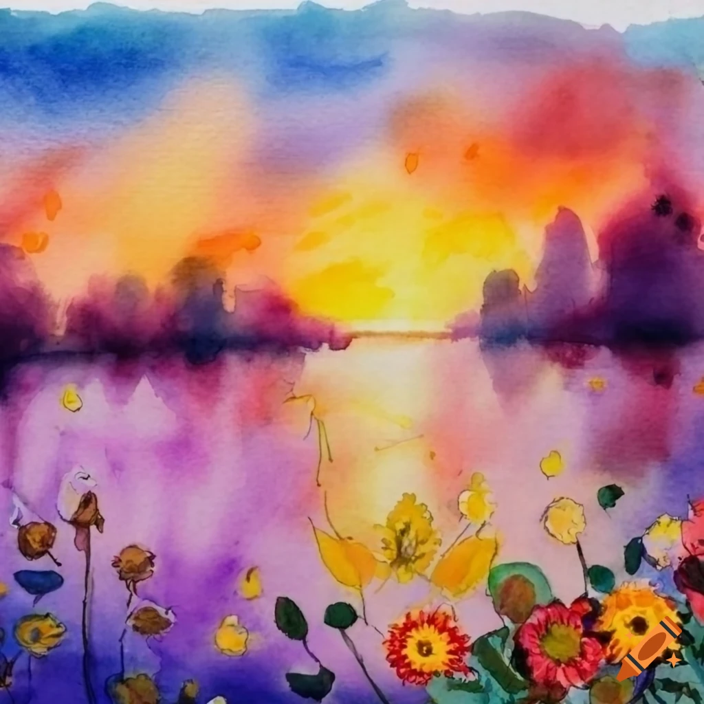 Flower field in sunset in watercolour, lake