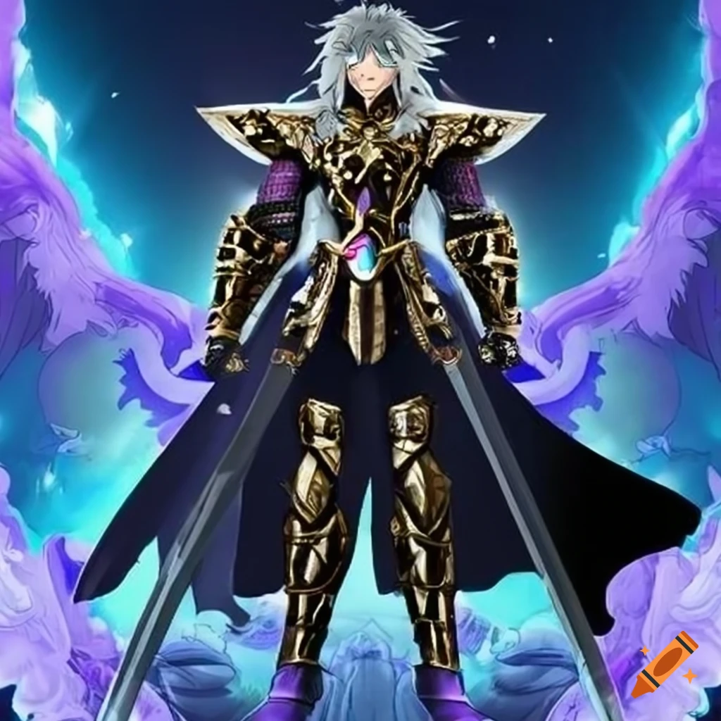 Camus de Aquarius fusion Arcangel Gabriel as black armor knight with samurai sword on Craiyon