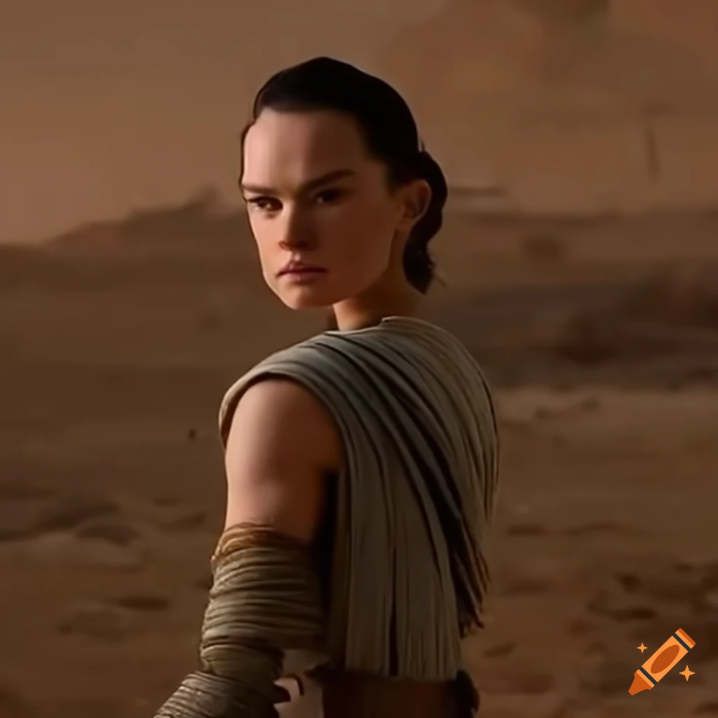 Daisy Ridley as Rey looking sad in a destroyed desert village on the ...